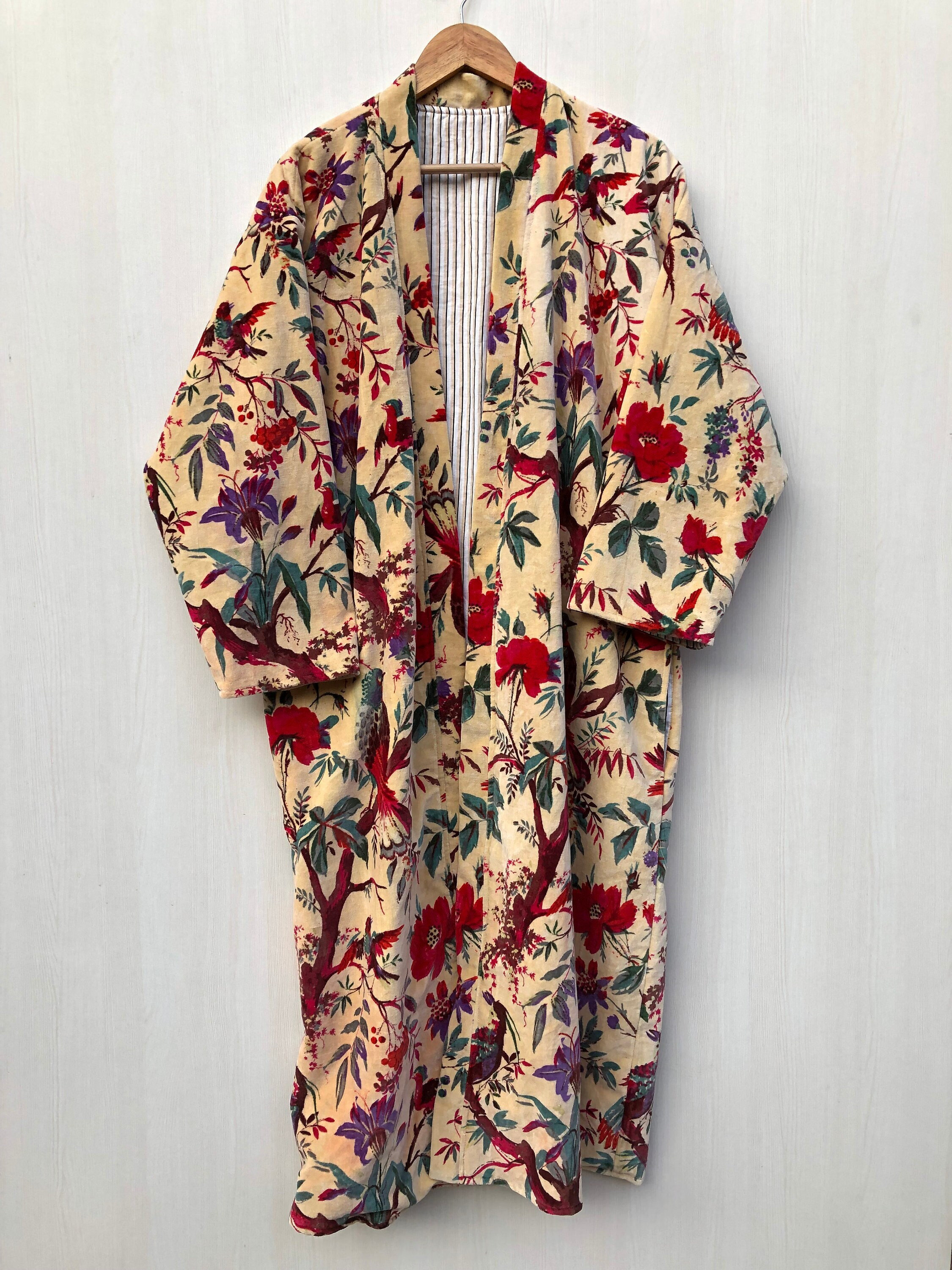 Bird Velvet Banyan Fabric Kimono Cotton Velvet Robe Long Bridesmaid ...