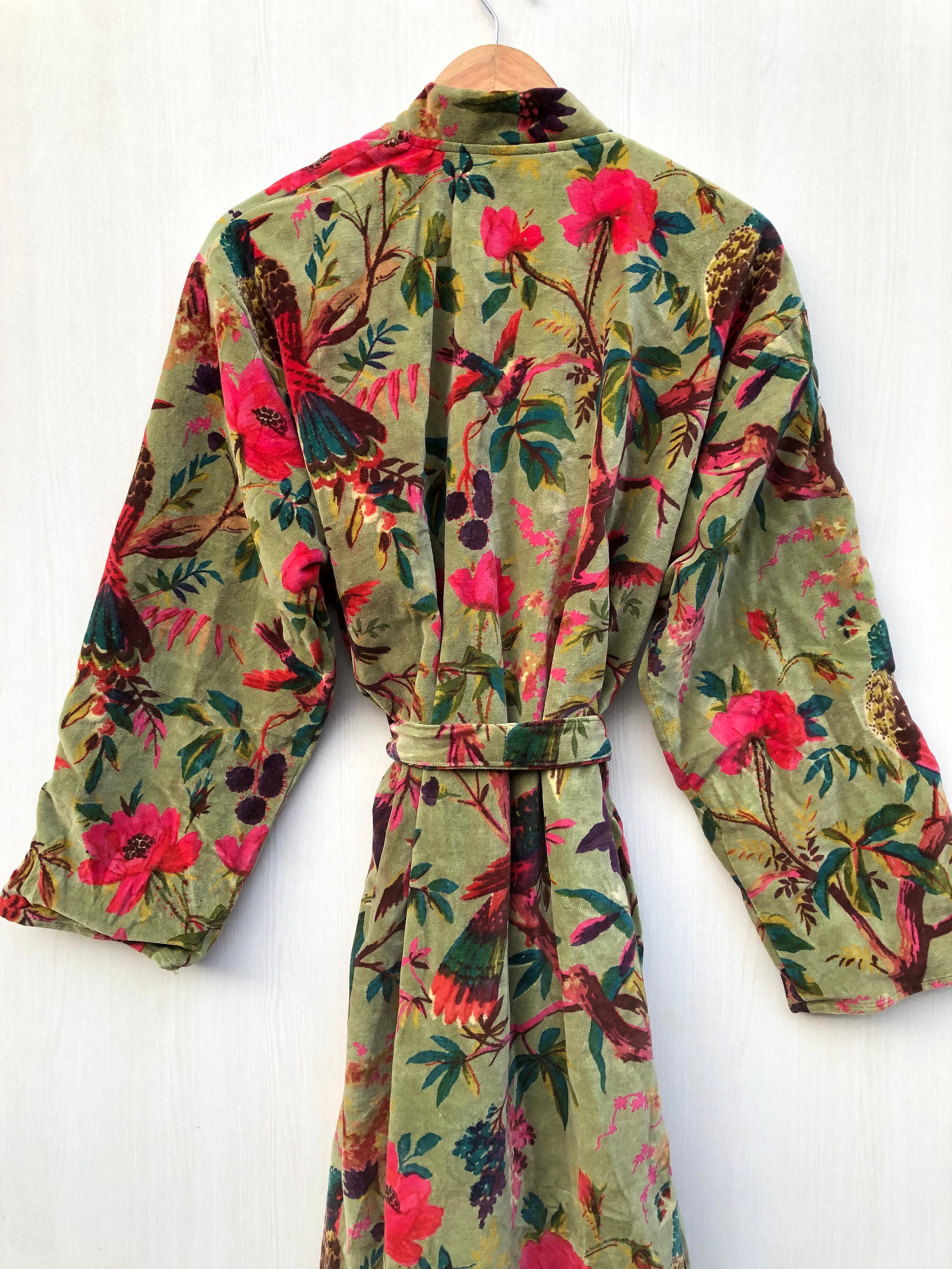 Bird Velvet Banyan Fabric Kimono Cotton Velvet Robe Long Bridesmaid ...