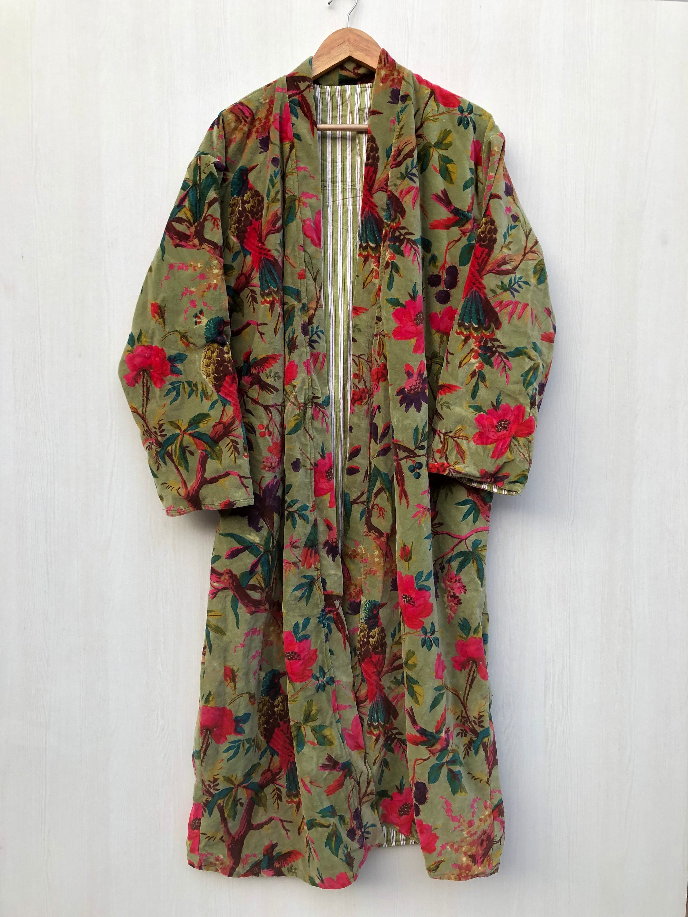 Bird Velvet Banyan Fabric Kimono Cotton Velvet Robe Long Bridesmaid ...
