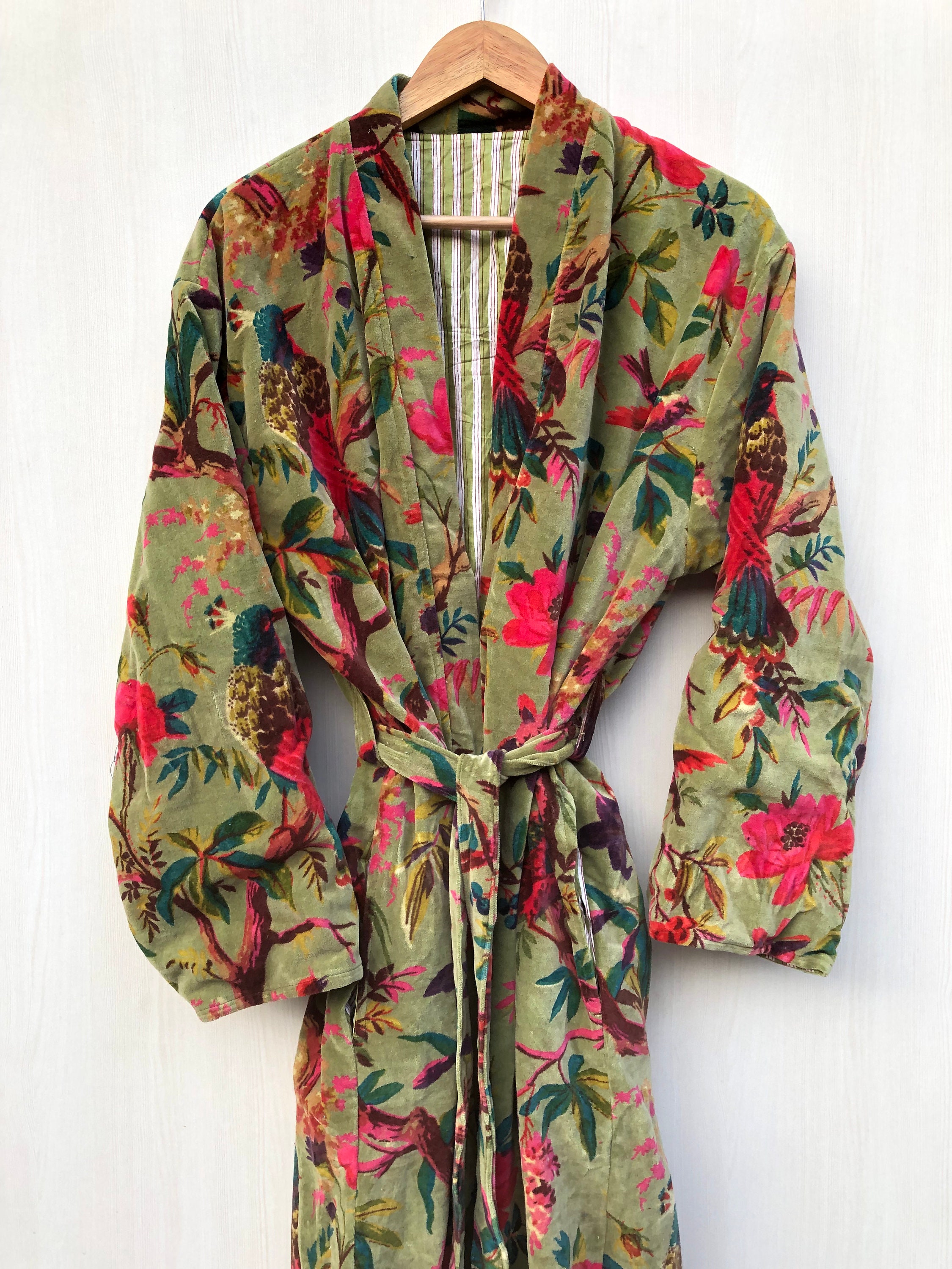 Bird Velvet Banyan Fabric Kimono Cotton Velvet Robe Long Bridesmaid ...