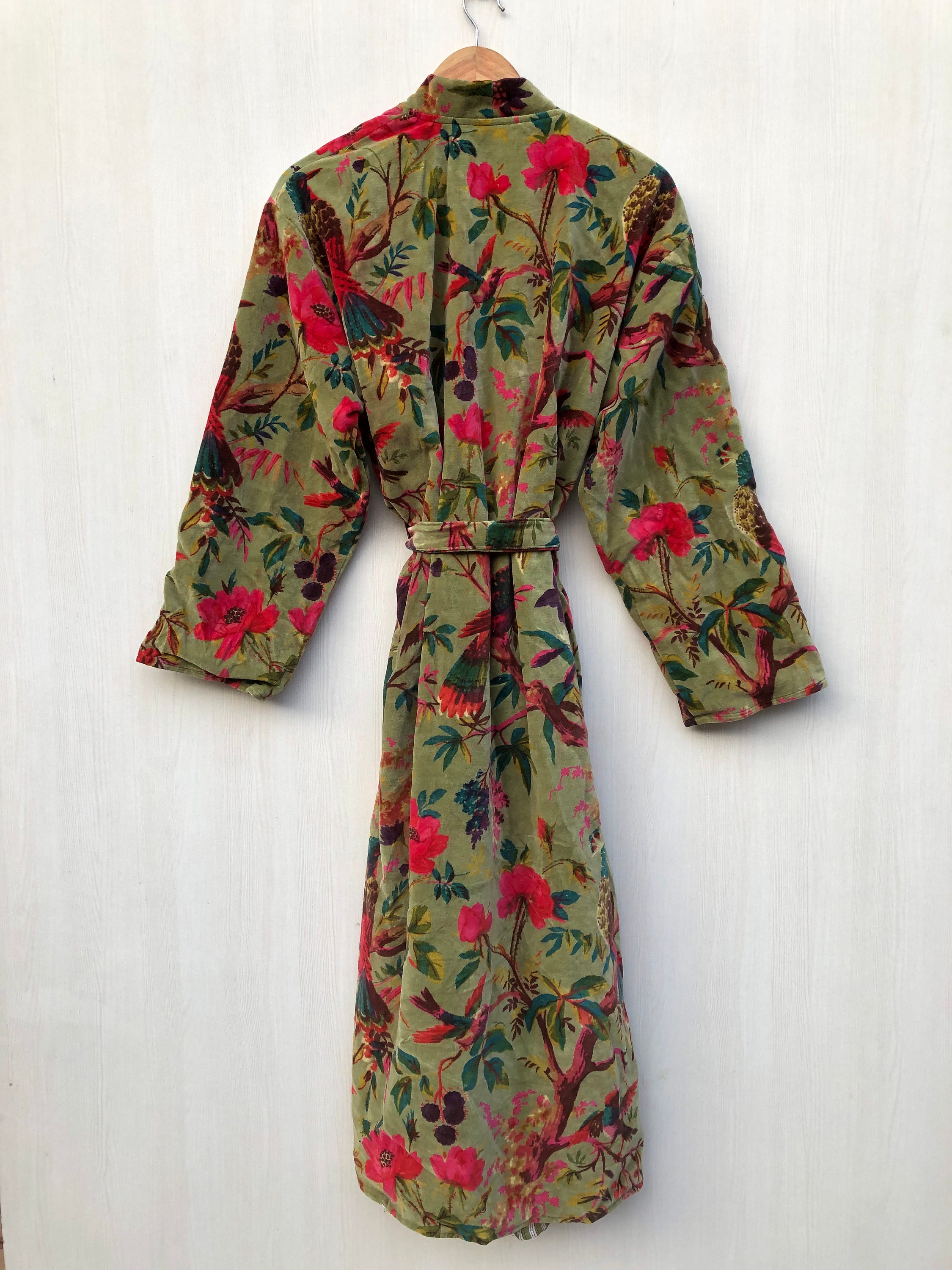 Bird Velvet Banyan Fabric Kimono Cotton Velvet Robe Long Bridesmaid ...