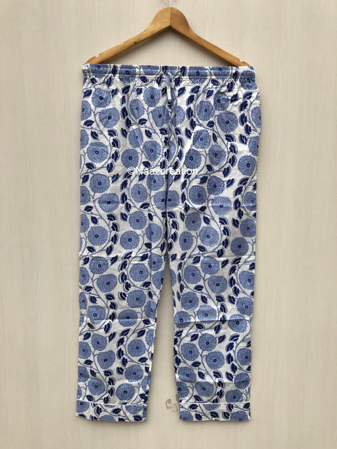 Blue Cotton Floral Print Pants/ Women Lounge Pants/ Beach Pants/ Floral ...