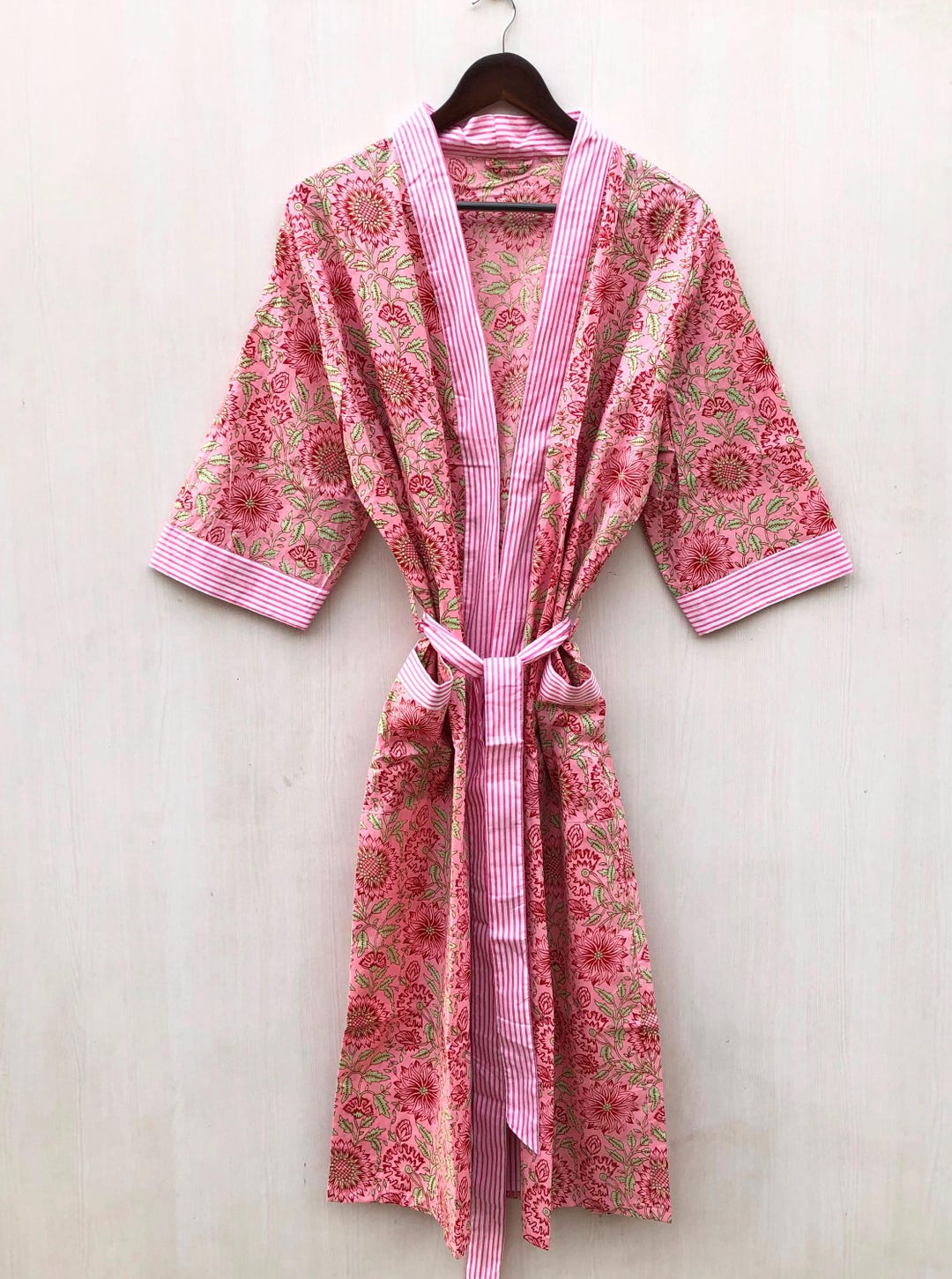 Floral Block Print Kimono Indian Print Robe Maternity Gown Beach Wear ...