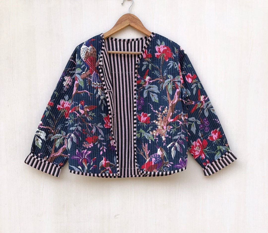 Bird Print Quilted Jacket: Block Printed Boho Cotton Coat - Etsy