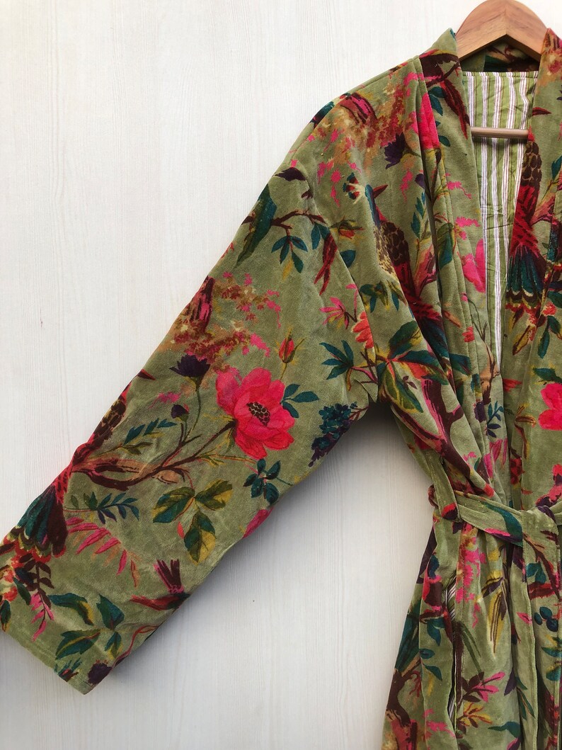 Bird Velvet Banyan Fabric Kimono Cotton Velvet Robe Long Bridesmaid ...