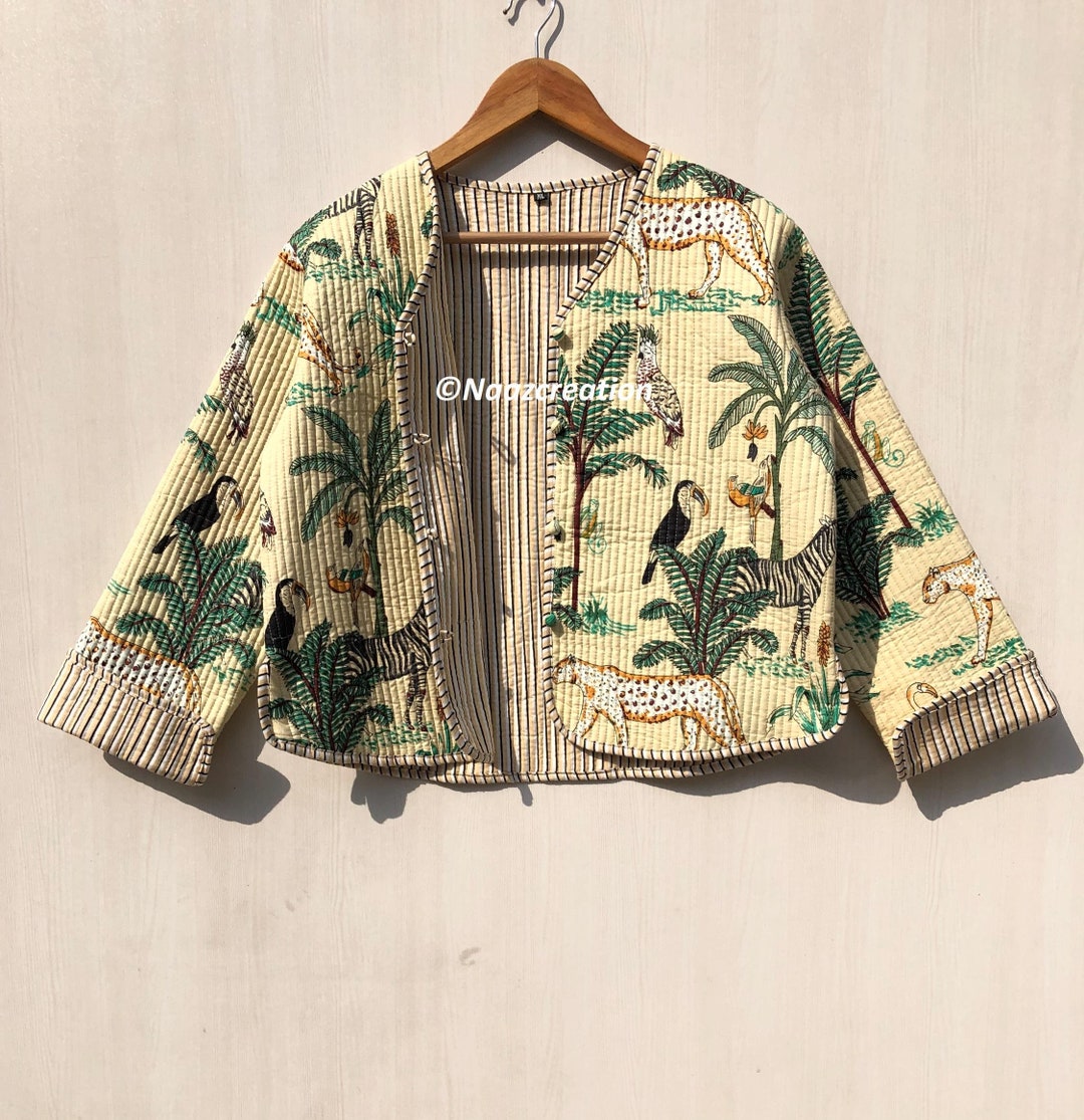 Block Printed Quilted Jacket: Tiger Jungle Print, Handmade Cotton Coat ...