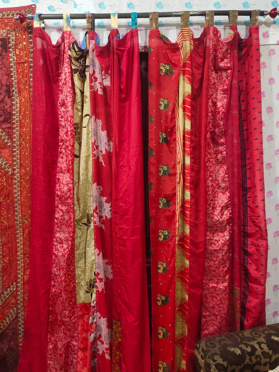 Red Multi-color Vintage Silk Sari Curtain: Upcycled Indian Decor - Etsy