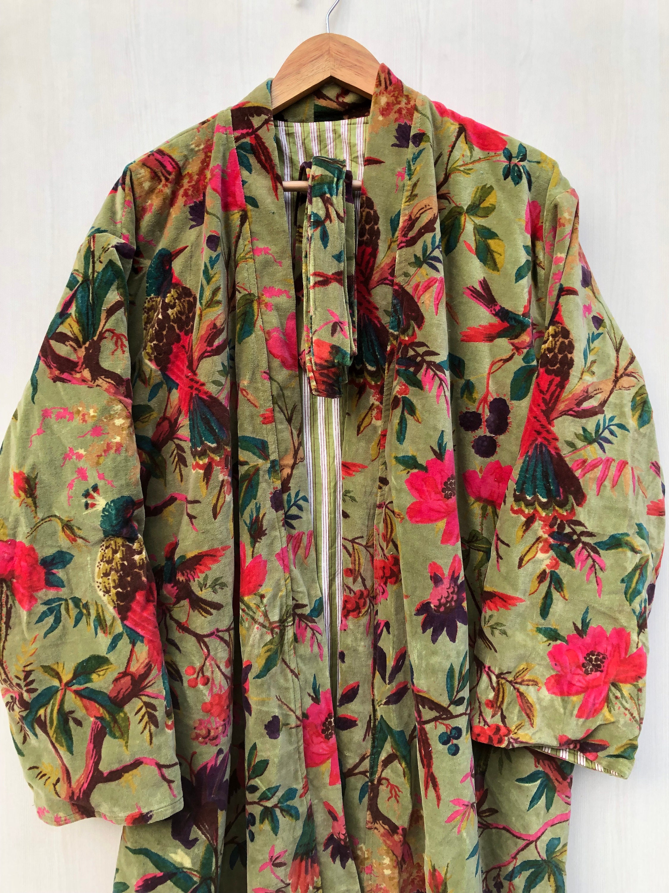 Bird Velvet Banyan Fabric Kimono Cotton Velvet Robe Long Bridesmaid ...