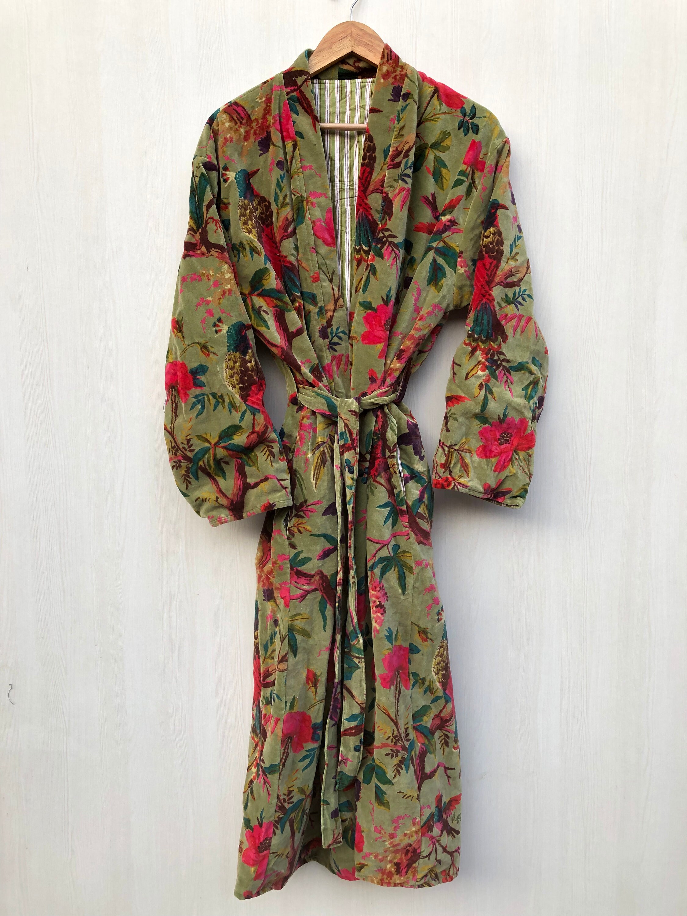 Bird Velvet Banyan Fabric Kimono Cotton Velvet Robe Long Bridesmaid ...