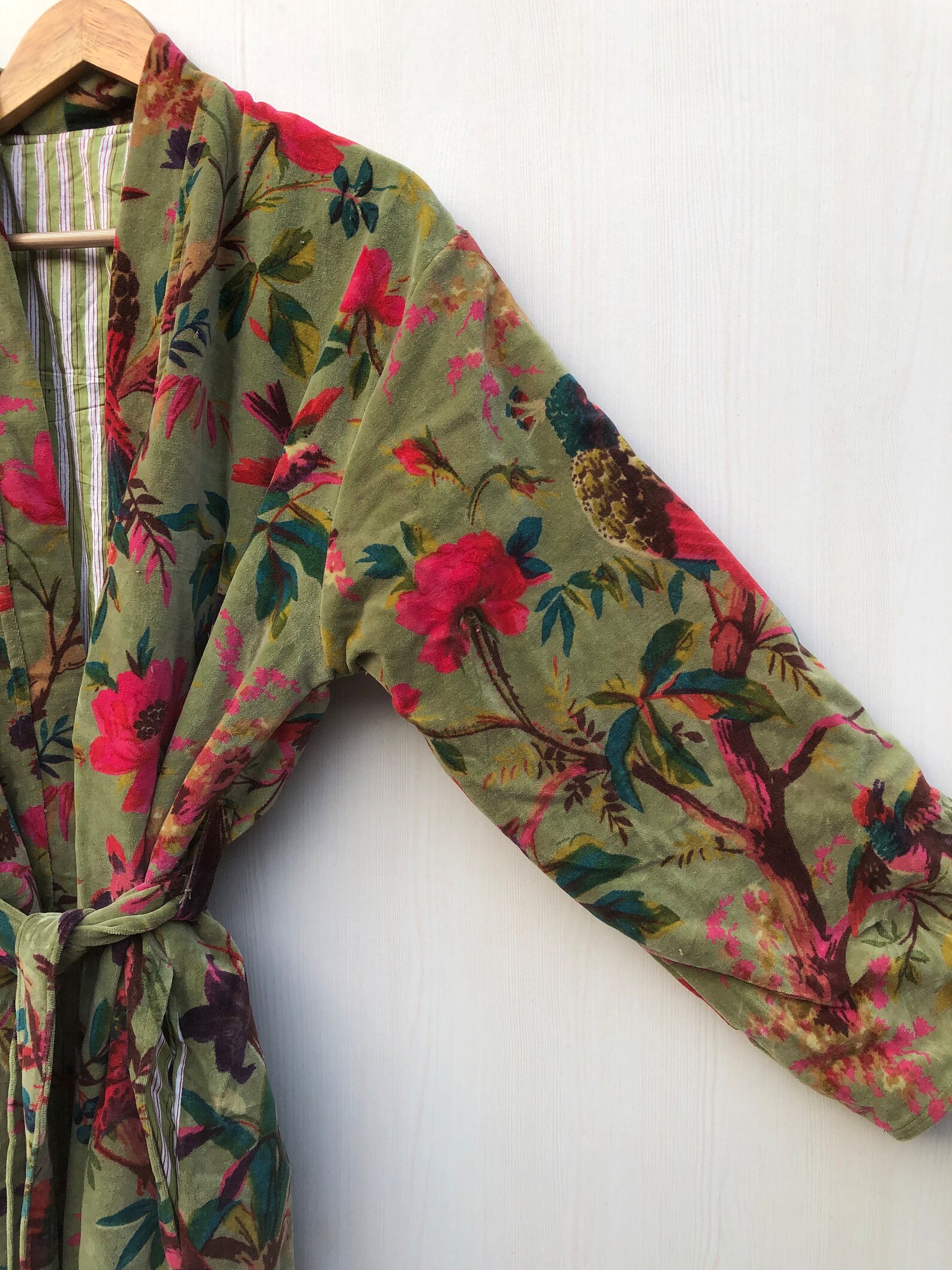 Bird Velvet Banyan Fabric Kimono Cotton Velvet Robe Long Bridesmaid ...