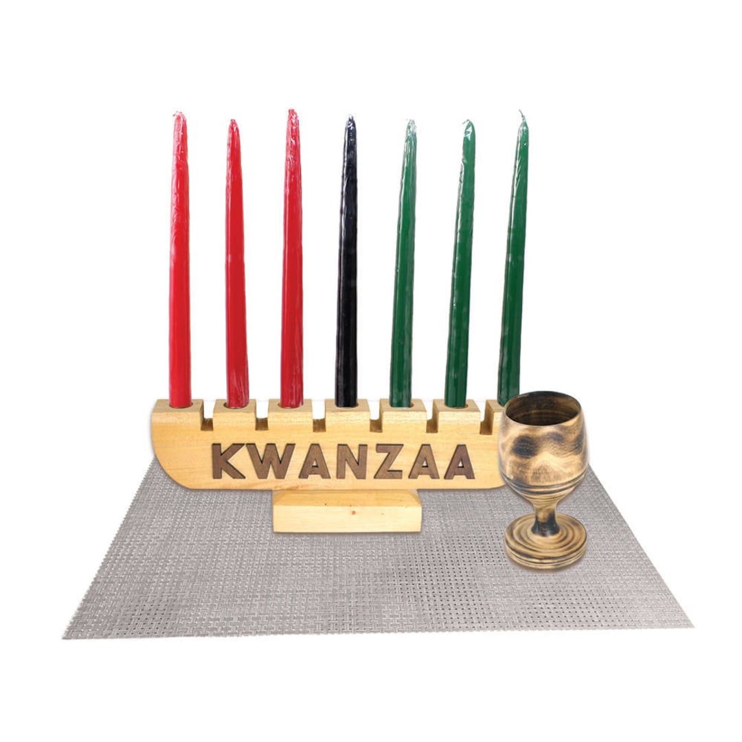 Traditional Kwanzaa Set Kinara, Woven Raffia Mat, Wooden Unity Cup ...