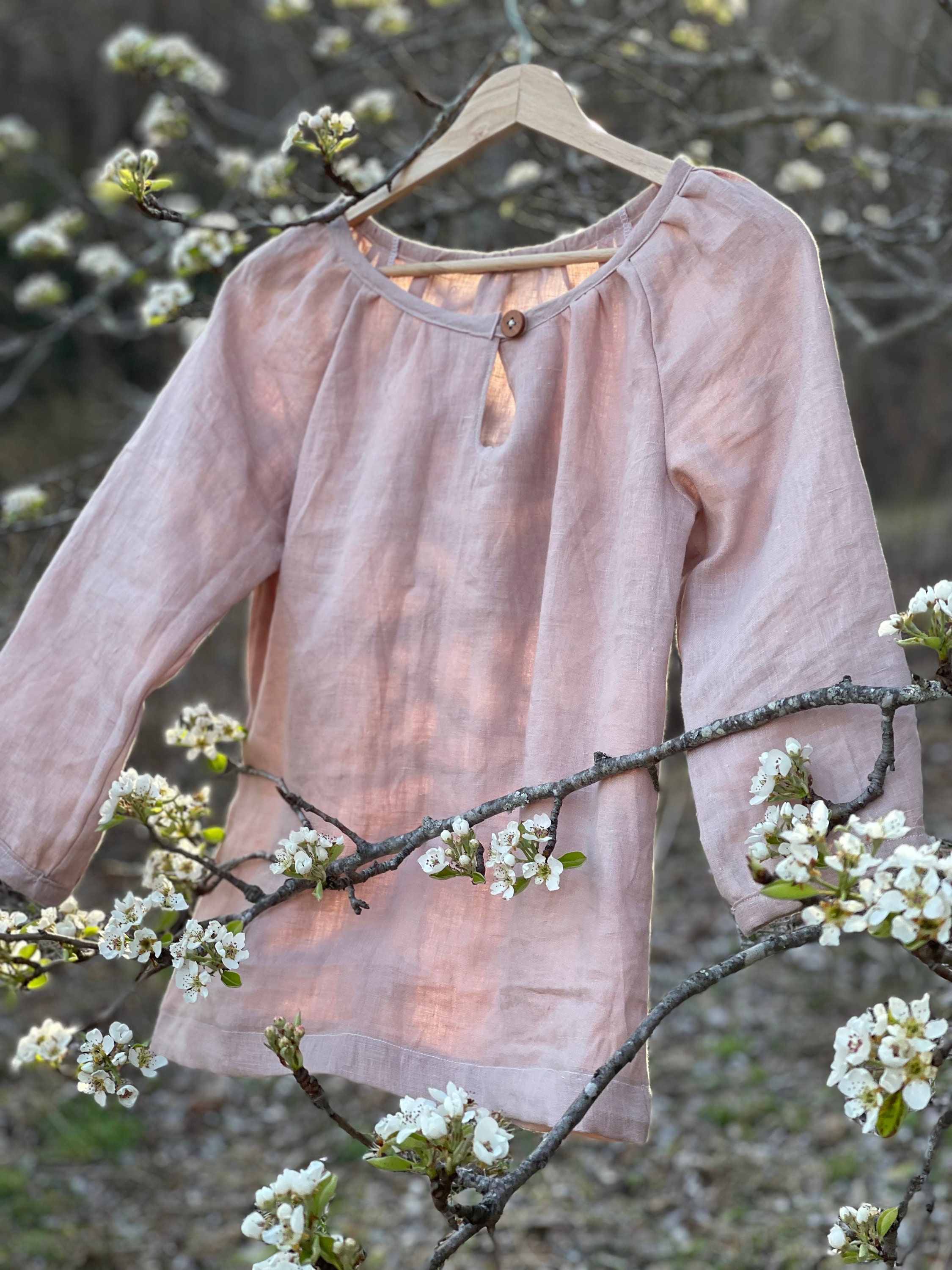 Linen Peasant Blouse - Wooden Button Closure, Gathered Neckline ...