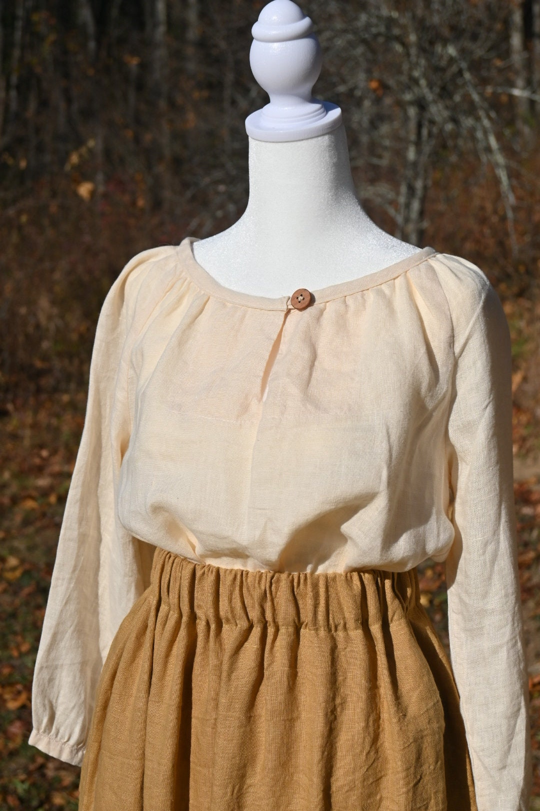 Linen Peasant Blouse - Wooden Button Closure, Gathered Neckline ...