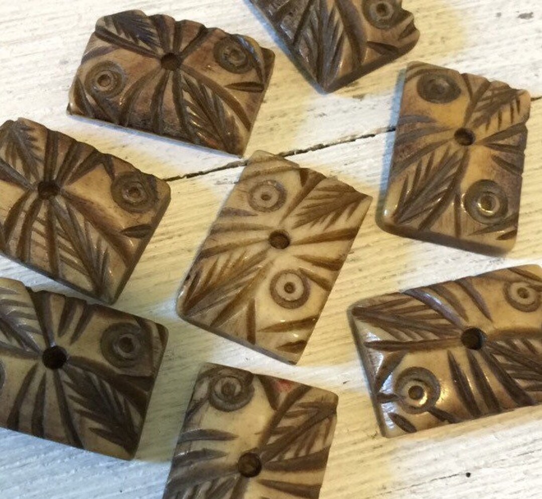 8 Antique 1900's Hand Carved Bone Panel Bead Vintage Asian Japan Early ...