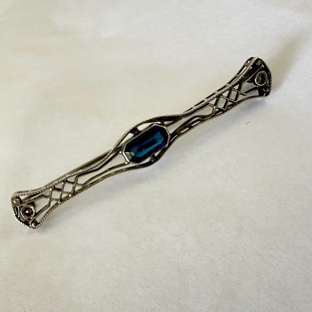 Vintage Art Deco Silver Bar Pin Brooch: Sapphire & Diamond Chips, 1910s ...