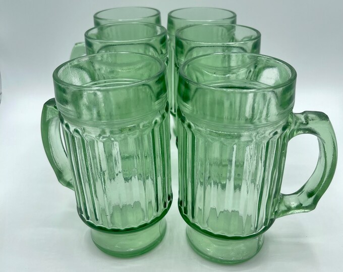 Vintage Root Beer Float Mugs Green Glass Ribbed Barrel Shaped Handled ...