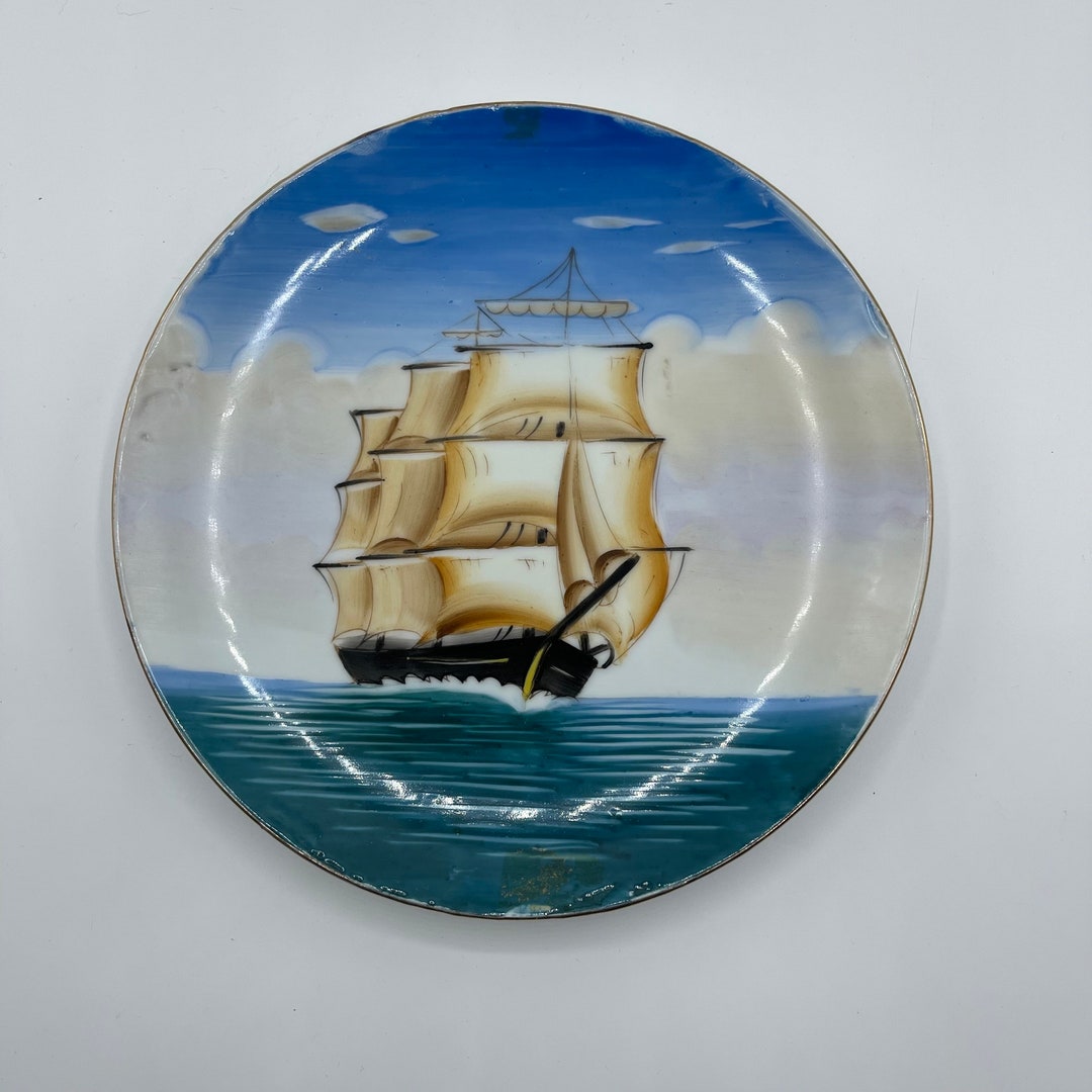 Vintage Sailing Ship Decorative Plate Hand Painted AIYO China Made in ...