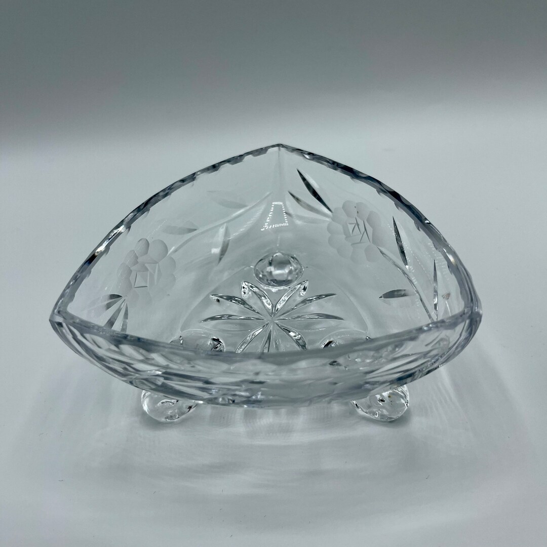 Vintage Floral Etched Cut Glass Triangle Shape Footed Trinket Ring Dish ...
