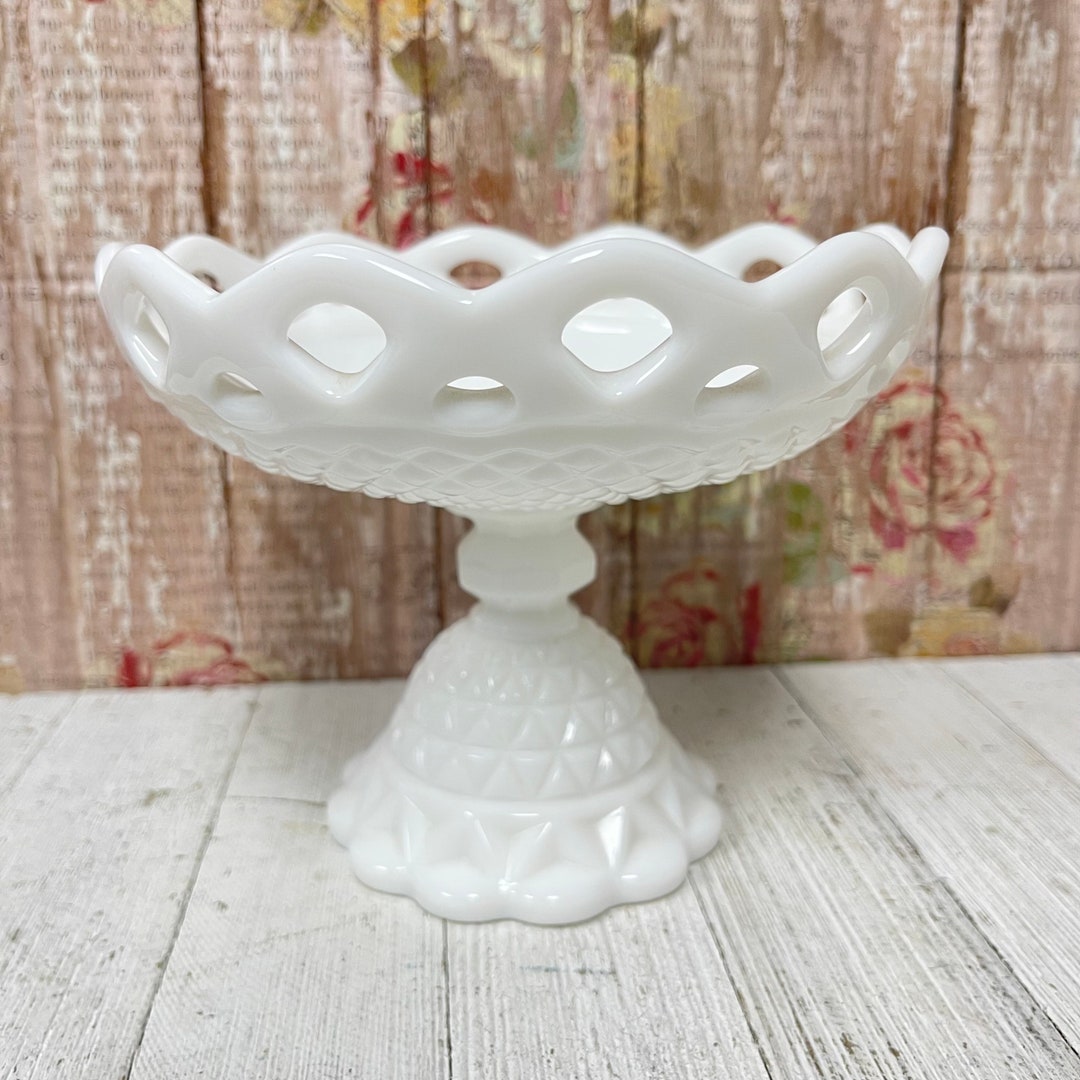 Vintage Imperial White Milk Glass Open Lace Compote Bowl Diamond Point ...
