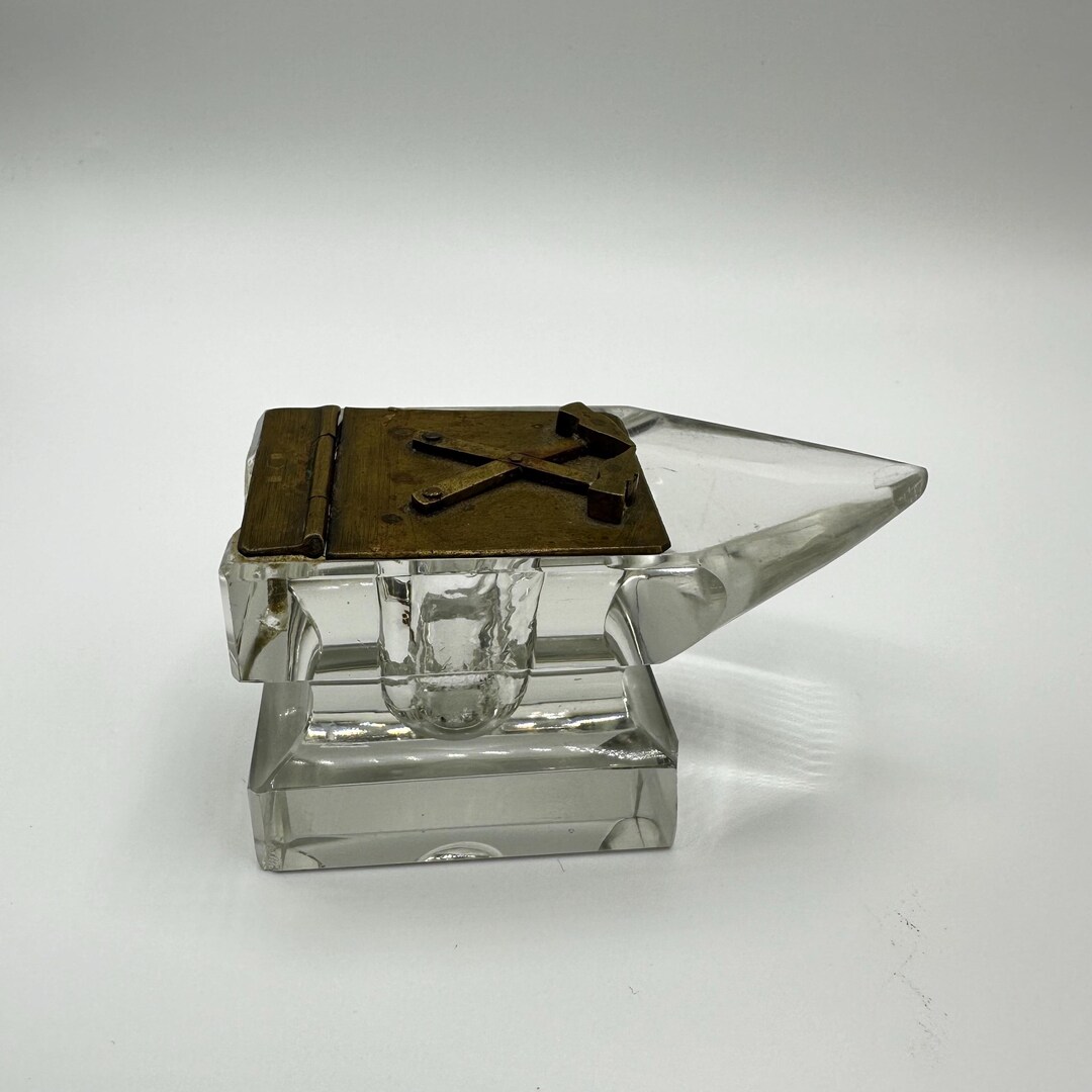 Very Rare 1800's Antique Glass Crystal Inkwell Anvil Shaped W/brass ...