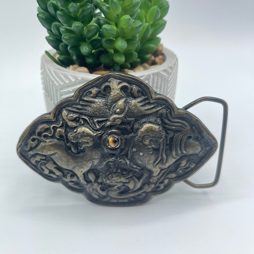 Vintage Bergamot Brass Works Belt Buckle Ornate Dragon Foo Dogs Tiger Eye Gem Stone. 1974 Brass ...