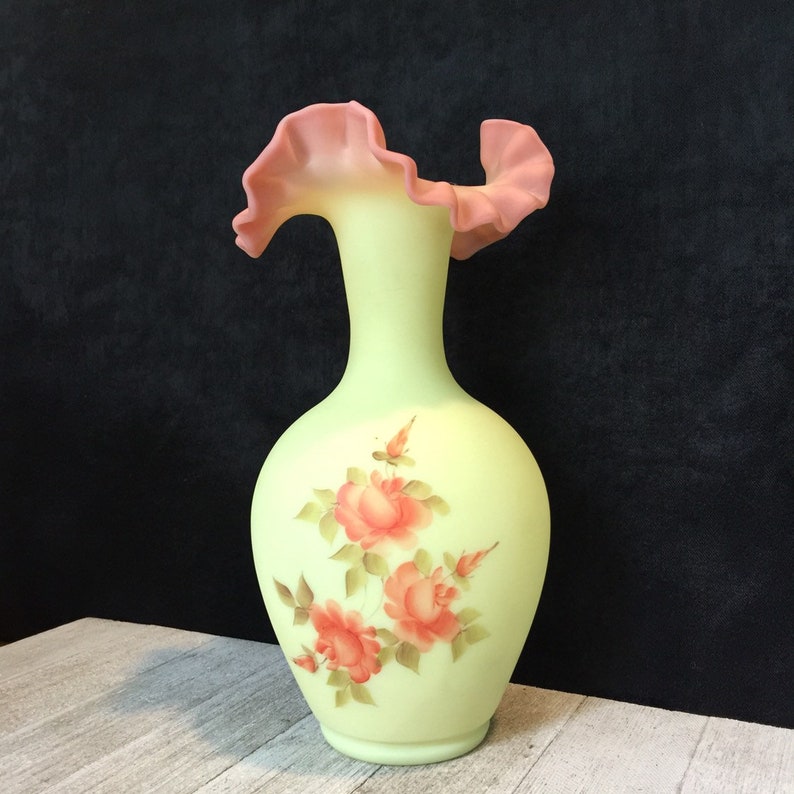 Fenton Yellow Burmese Satin Glass Vase With Deep Pink Ruffled Etsy