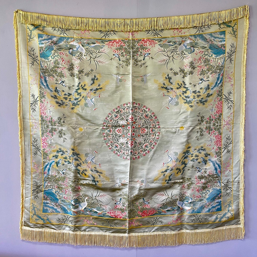 Gorgeous Vintage Chinese Silk Brocade Gold, Light Blues Fringe ...