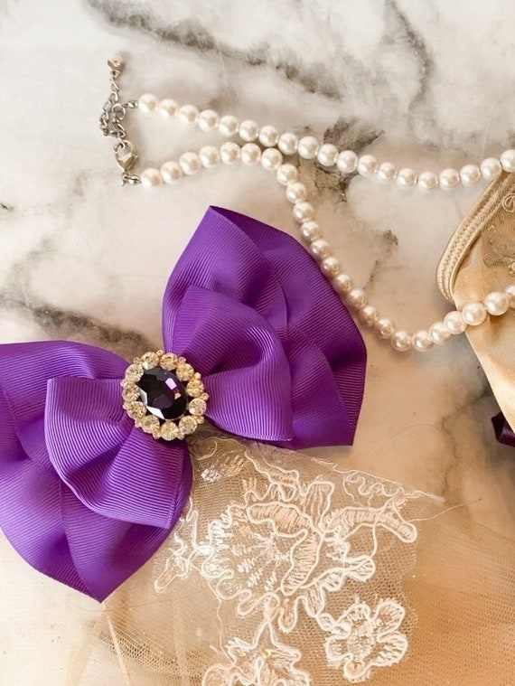 Ruffled Deep Purple Hair Bow Bow With Rhinestone Center | Etsy