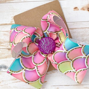 Mermaid Scales Hair Bow Big Seashell Hair Bow Pastel Summer Hair Bow ...