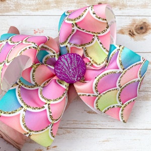 Mermaid Scales Hair Bow Big Seashell Hair Bow Pastel Summer Hair Bow ...