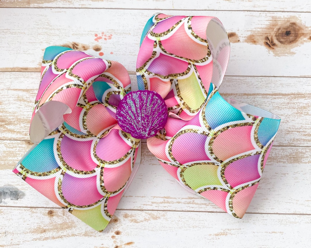 Mermaid Scales Hair Bow Big Seashell Hair Bow Pastel Summer Hair Bow ...