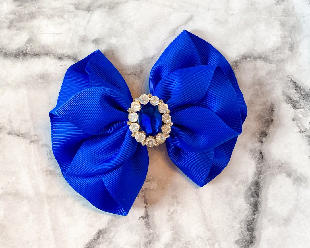 Royal Blue Pageant Hair Bow, Rhinestone Ruffled Hair Bow, Fancy Cobalt ...