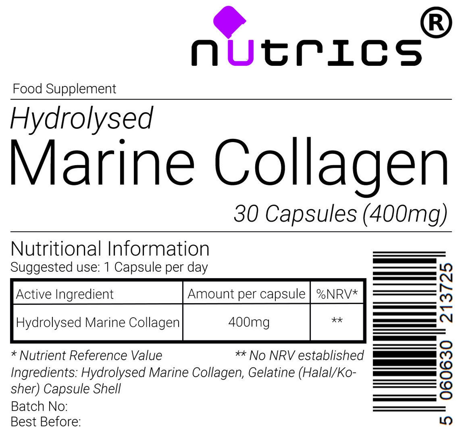 Nutrics® 100% PURE MARINE COLLAGEN 400mg Capsules Anti Wrinkle ...