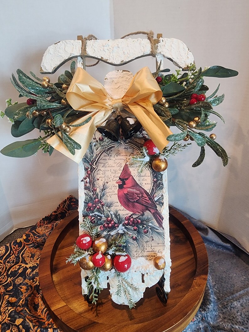 Christmas Sled - Decoupage Cardinal on Wooden Sled - Vintage Decoration ...