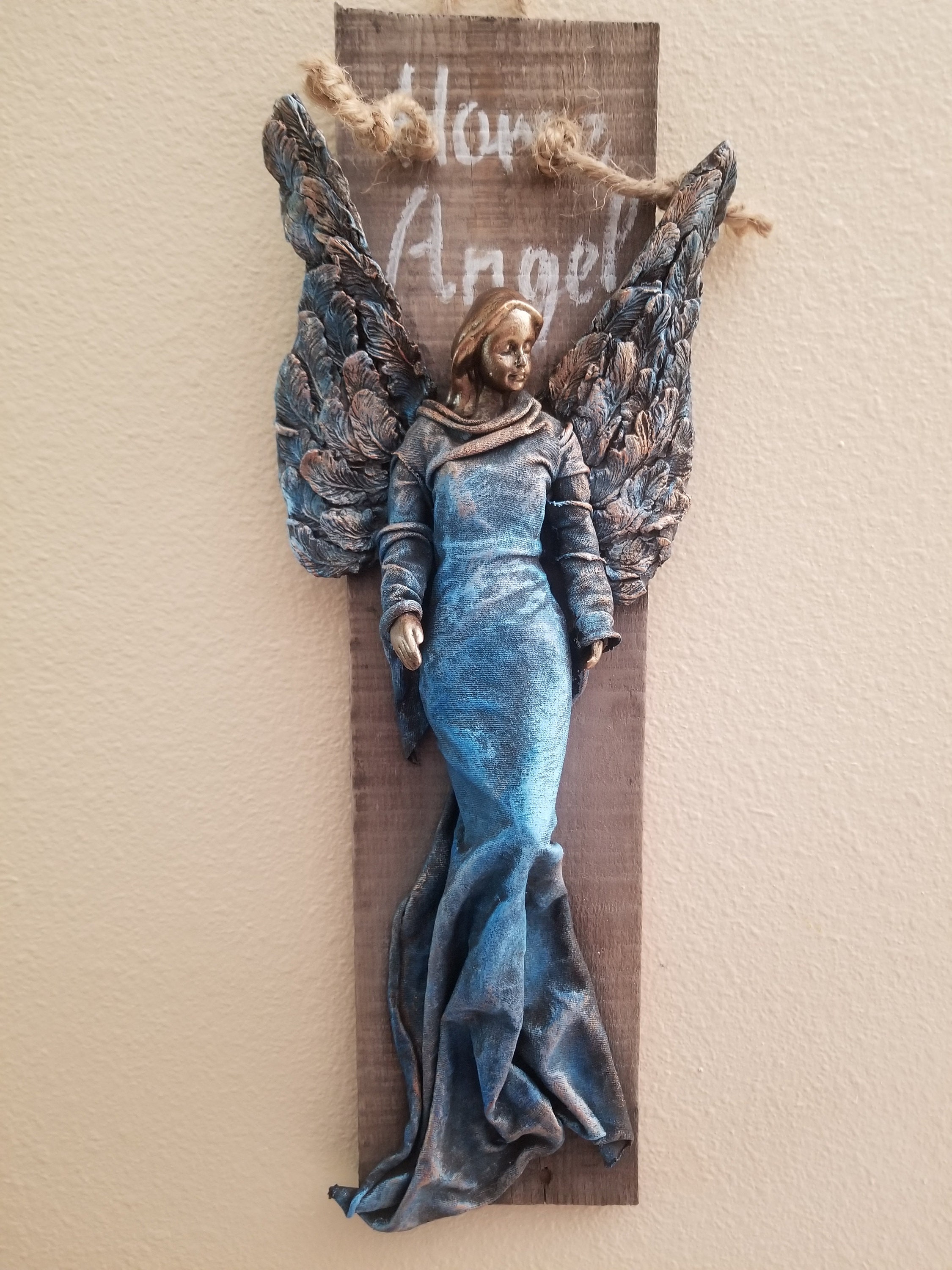 Blue Angel on Reclaimed Cedar Wood Plank - Powertex Angel on Wood ...