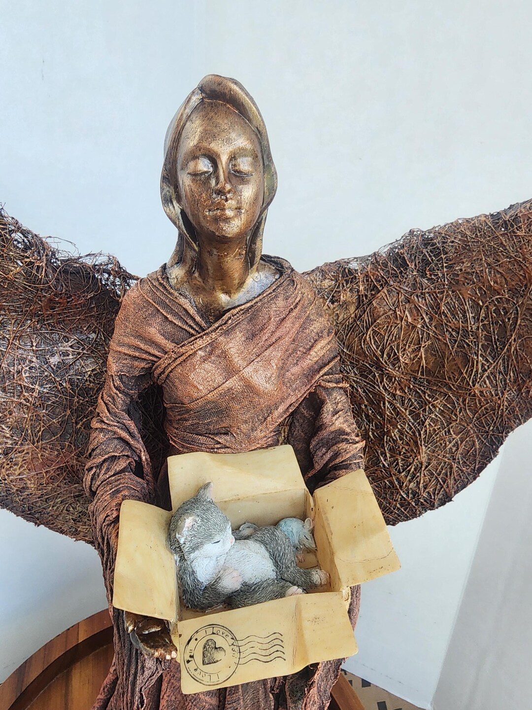 Mixed Media Art - Powertex - Angel With Cat - Sculpture - Figurine ...