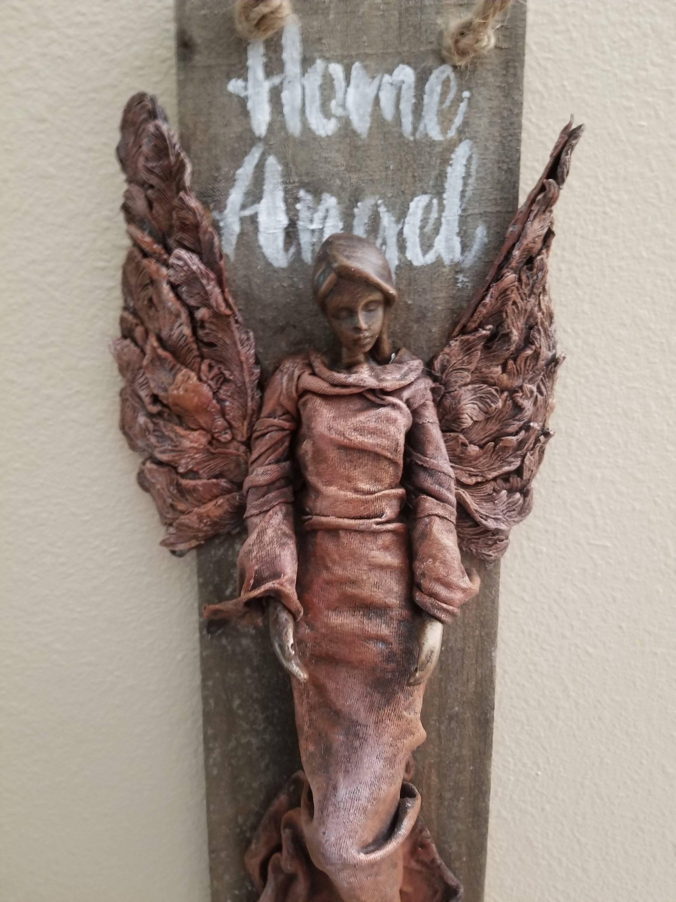 Burnt Sienna Angel on Wide Raw Pine Wood Plank - Powertex Angel on Wood ...