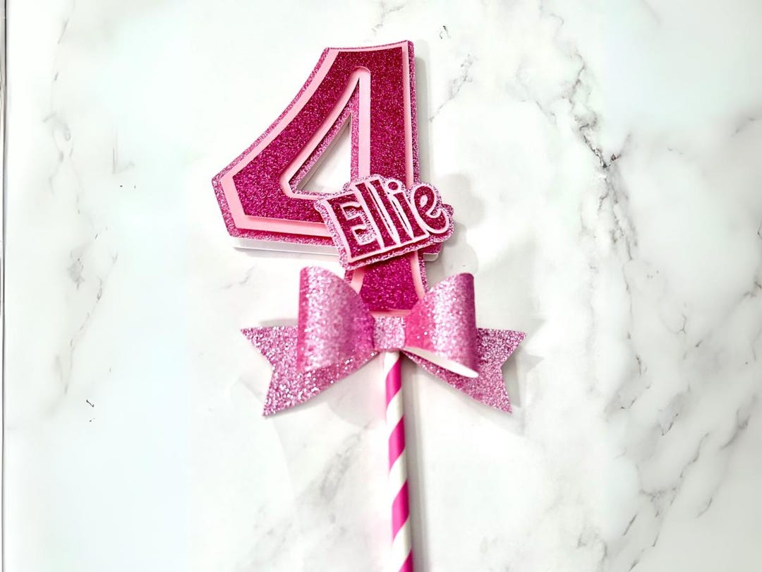 Pink Glitter Bow Coquette Cake Topper – Custom Name & Age – Birthday ...