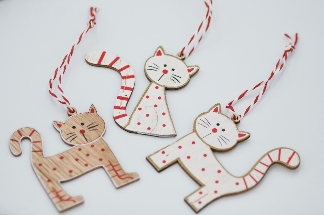 Set of 3 Wooden Cats Ornaments, Hanging Christmas Cats, Xmas Cats Decor ...