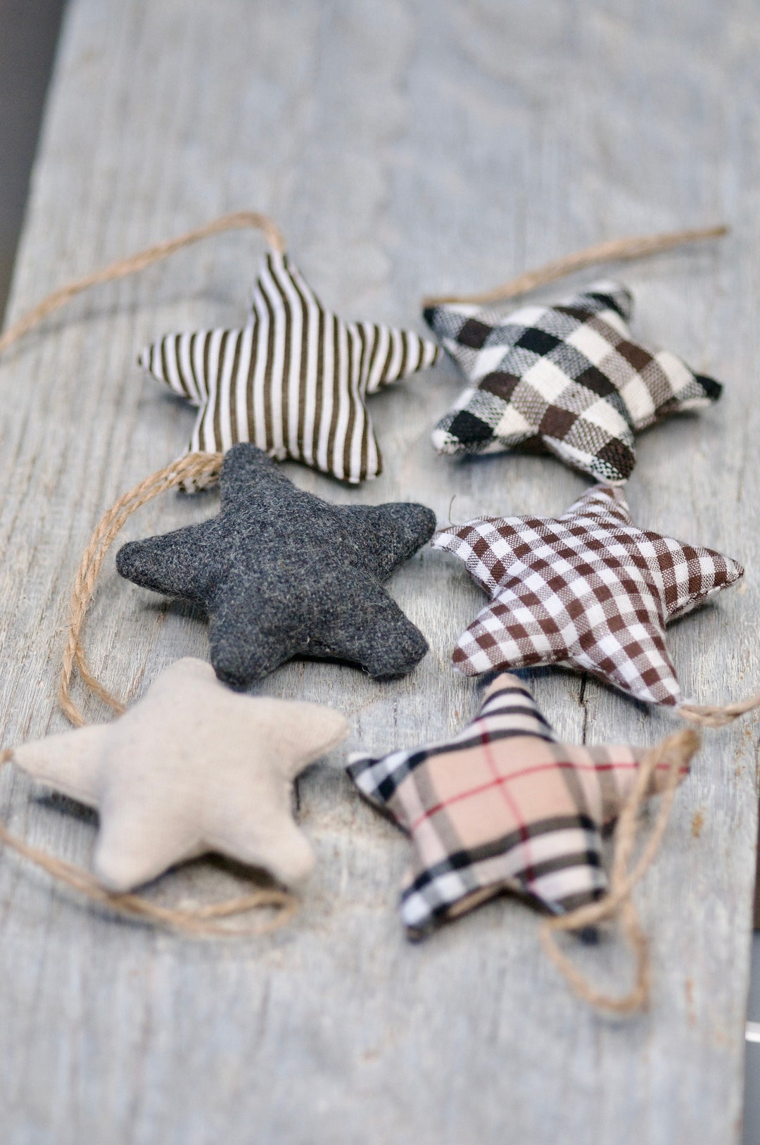 Xmas Stars Rustic Ornaments 6pics, Red Fabric Stars Hangings, Embroided ...