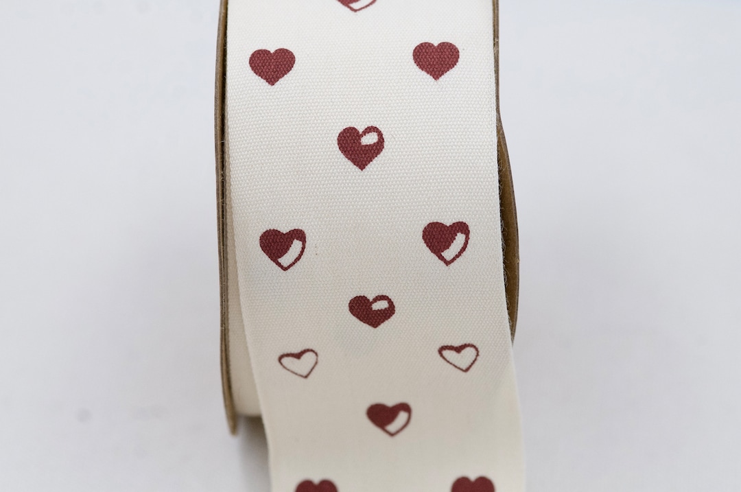 Rustic Dark Blood Red Heart Ribbon, Printed Cotton Ribbon 4cm X 5m (1. ...