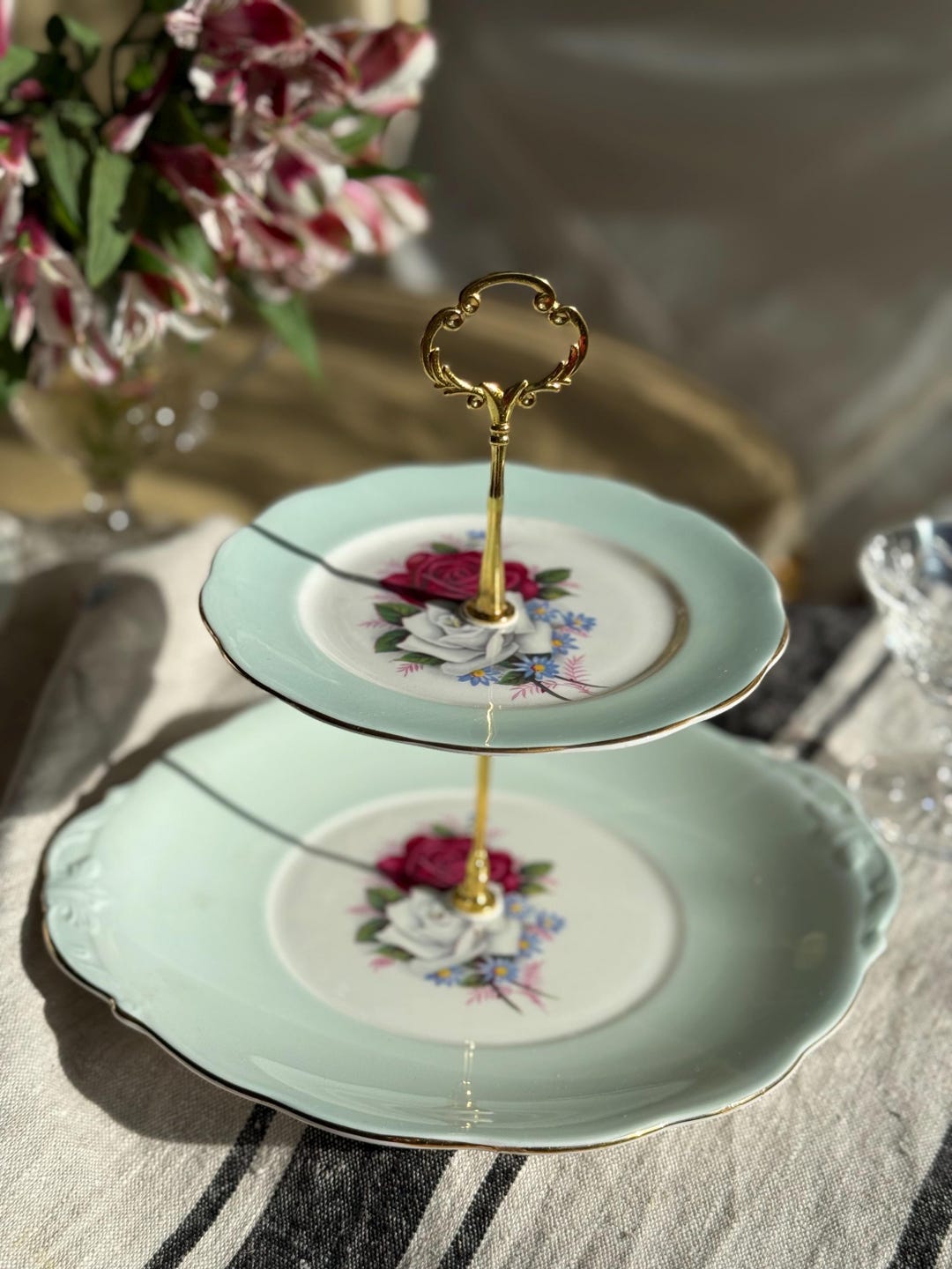Vintage Queen Anne 2-tier Cake Stand – Mint Green With Floral Center ...