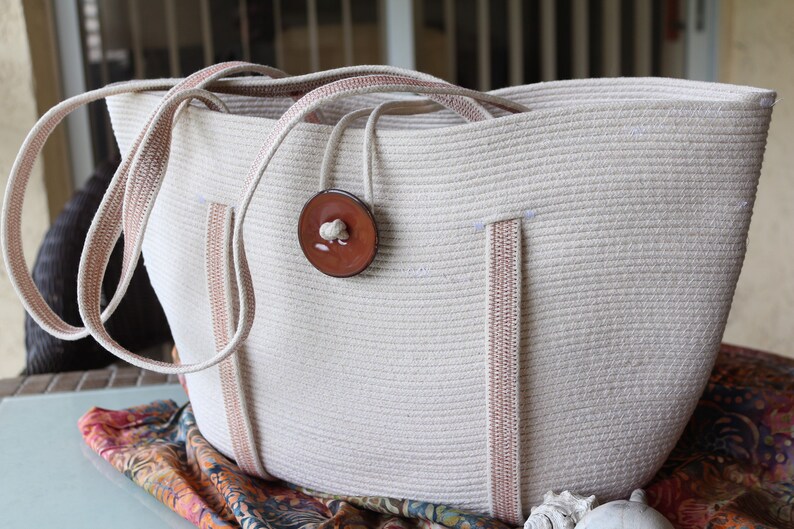 Handmade Rope Tote - Butterscotch , Coconut Shell Button, Clothesline ...