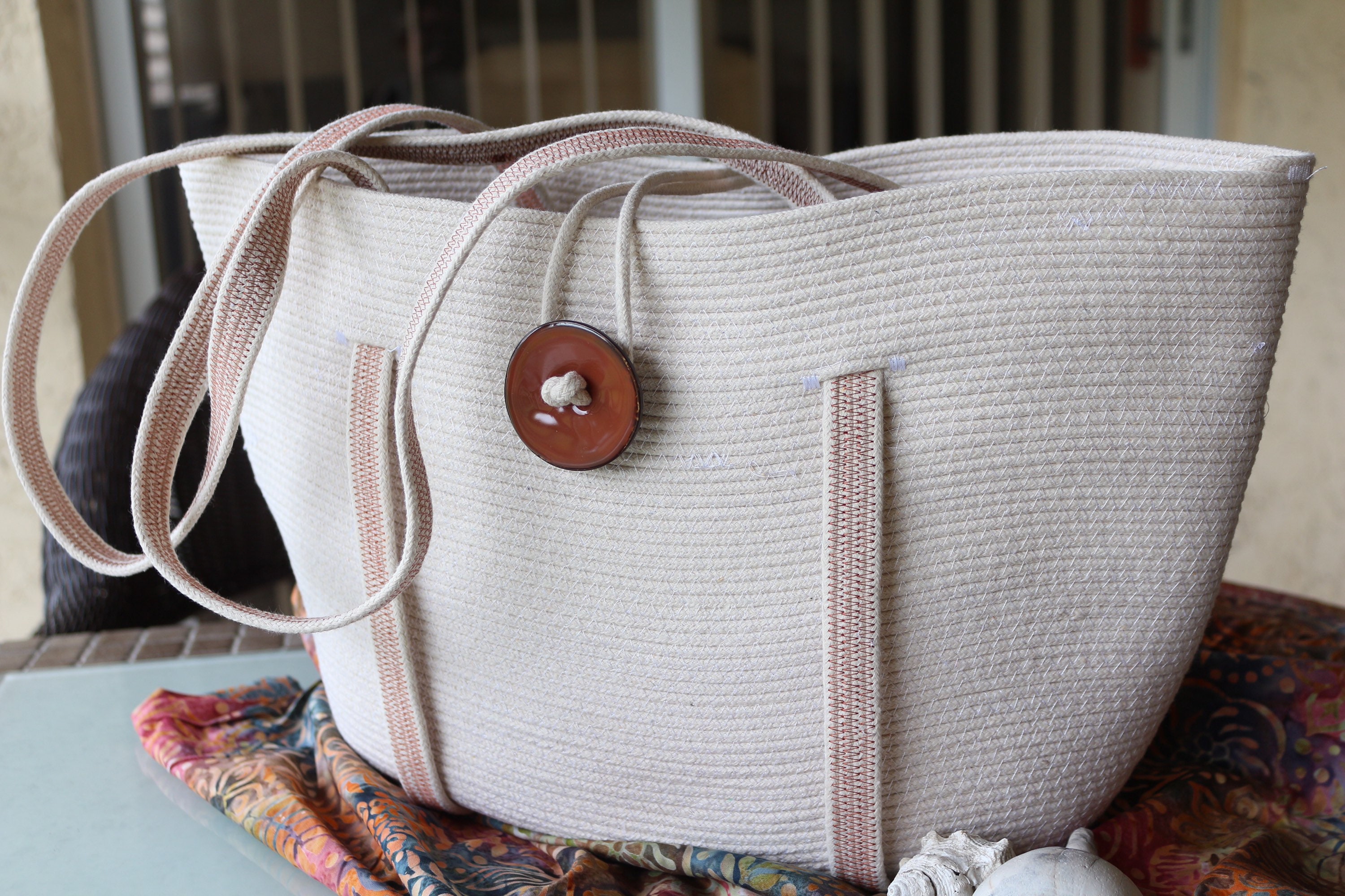 Handmade Rope Tote - Butterscotch , Coconut Shell Button, Clothesline ...