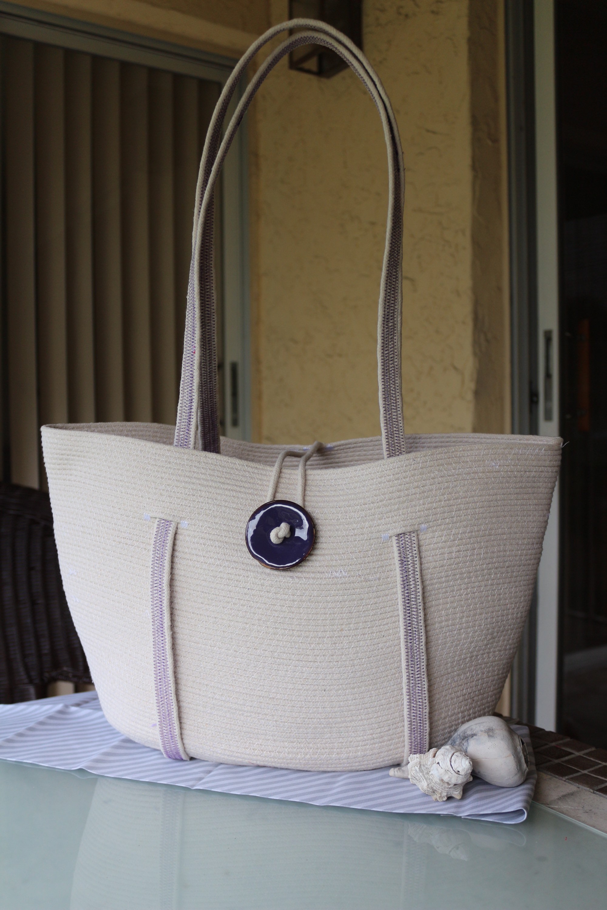 Handmade Rope Tote- Eggplant, Coconut Shell Button, Clothesline Rope ...