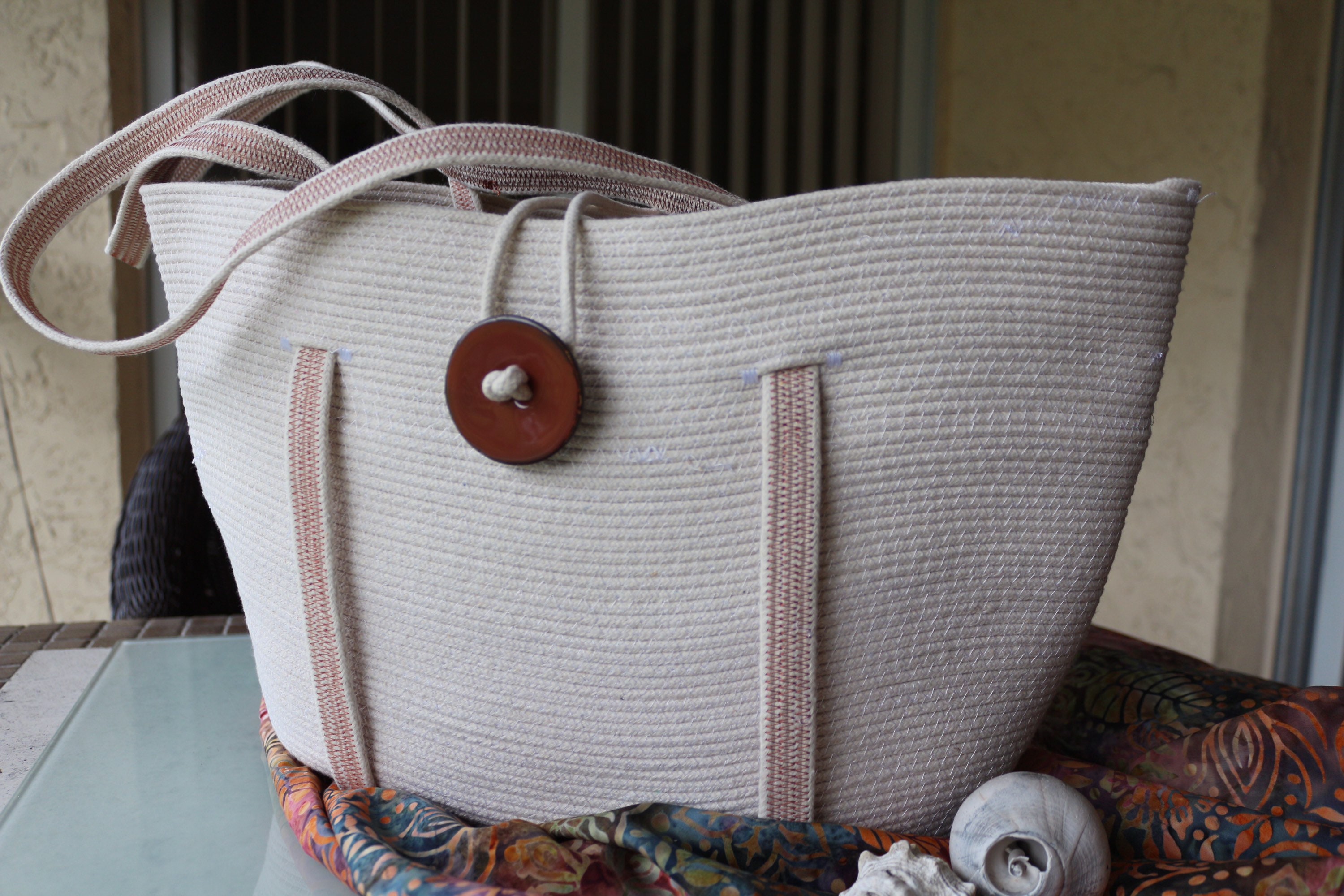 Handmade Rope Tote - Butterscotch , Coconut Shell Button, Clothesline ...