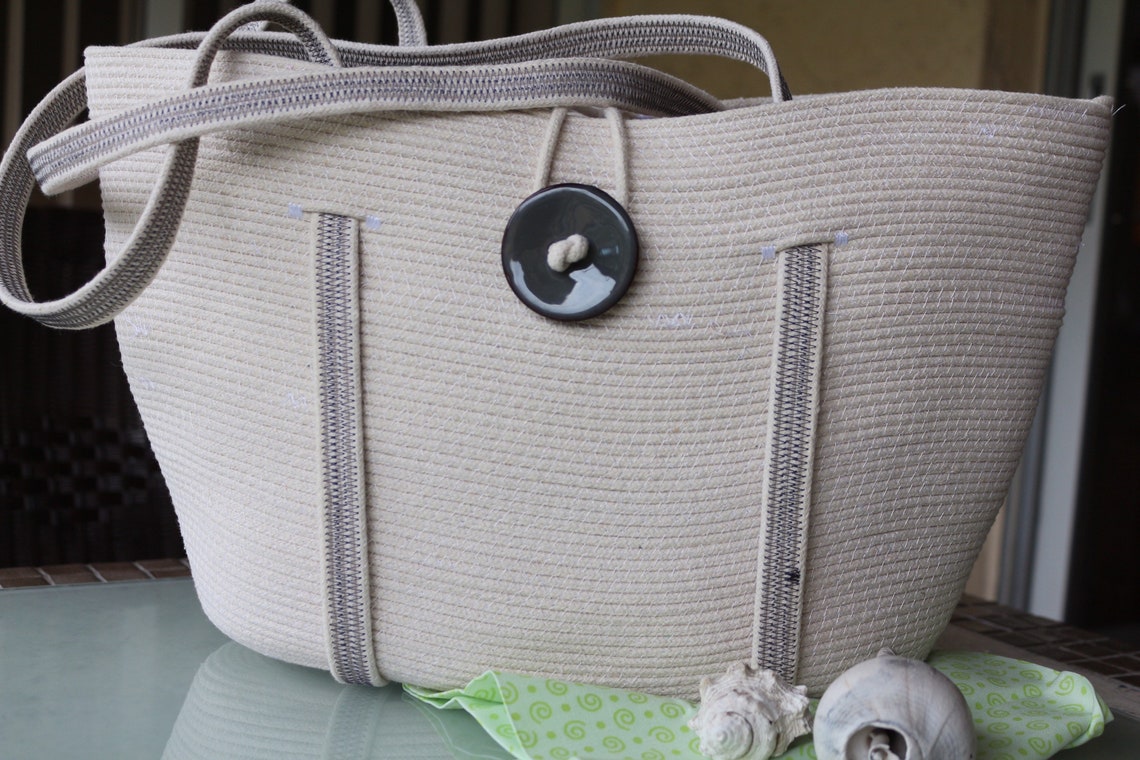 Handmade Charcoal Gray Rope Tote Bag - Coconut Shell Button ...