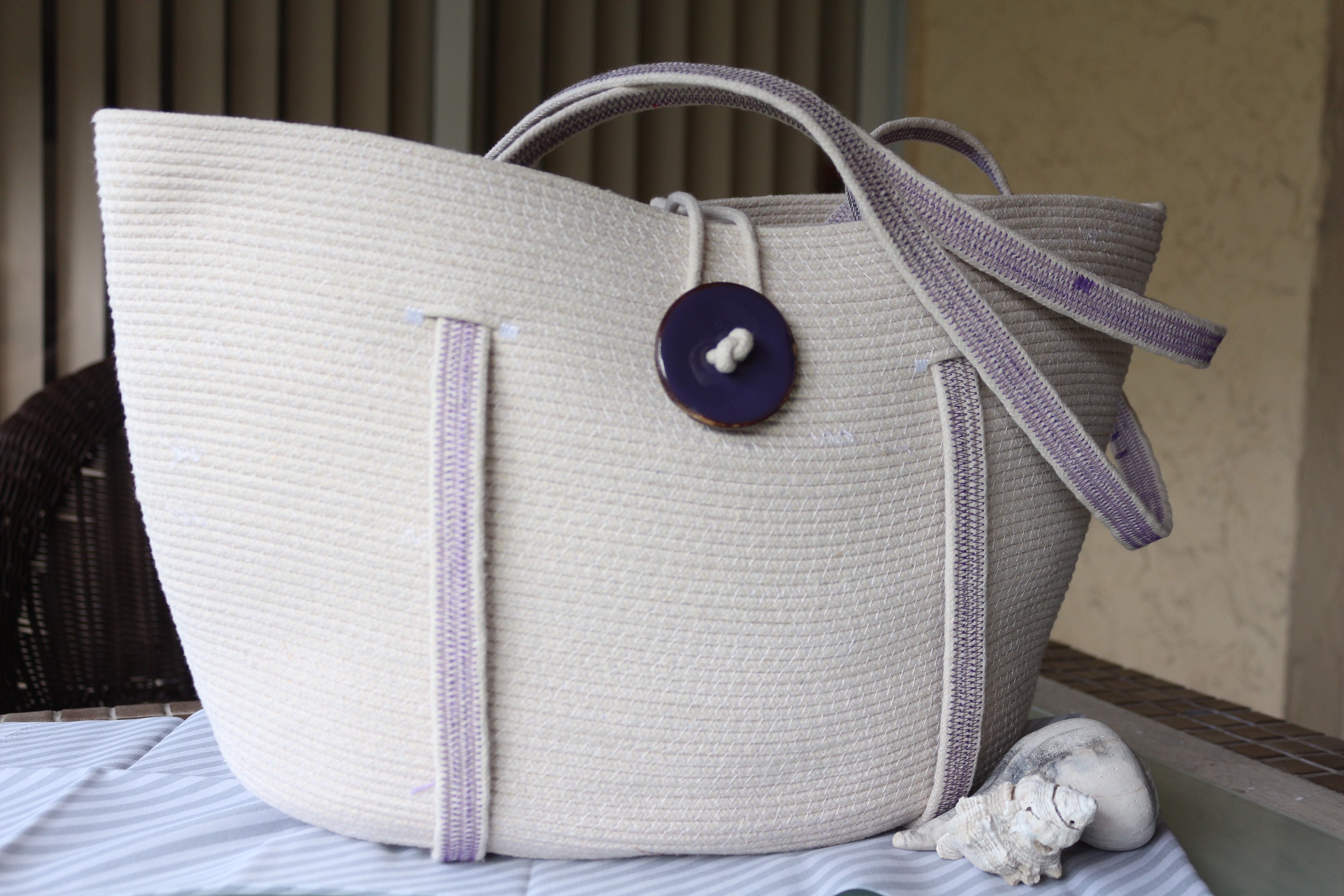 Handmade Rope Tote- Eggplant, Coconut Shell Button, Clothesline Rope ...