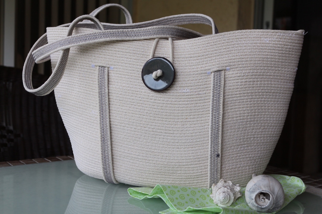 Handmade Charcoal Gray Rope Tote Bag - Coconut Shell Button ...