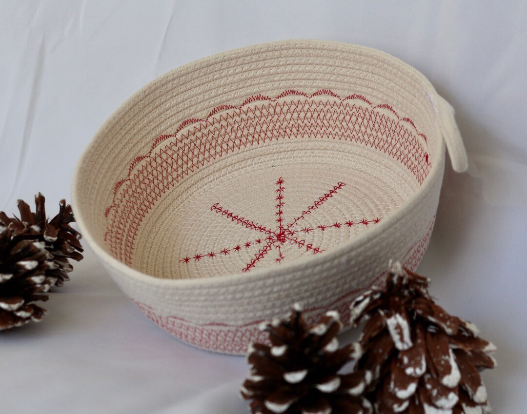 Handmade Rope Basket - Christmas Décor, Natural & Red - Storage Basket ...